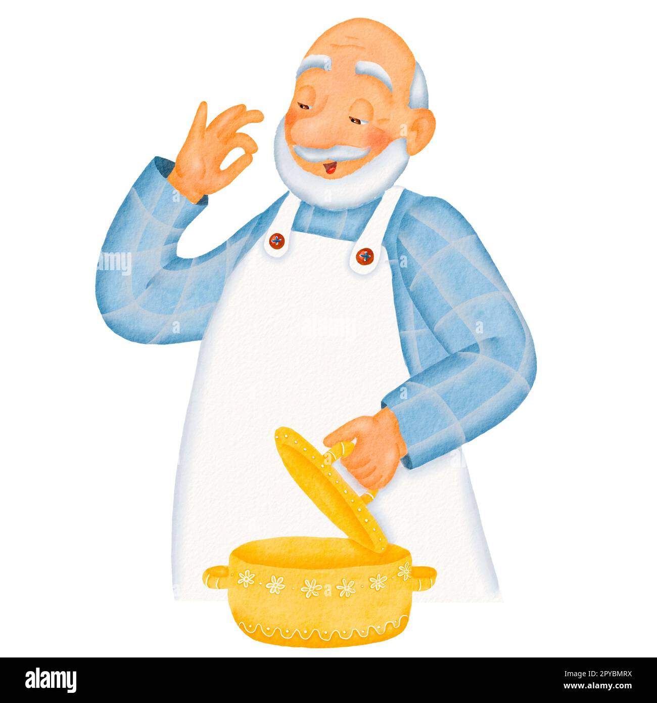 A cute, smiling grandpa with a beard, white apron and blue shirt cook ...