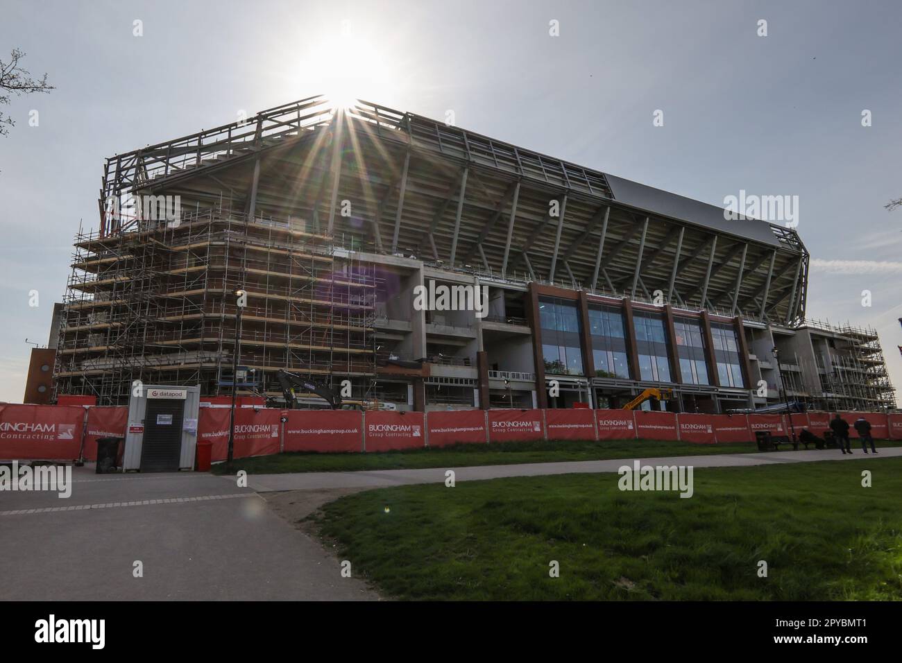 A view of Anfield Road end’s new stand that’s under construction during ...