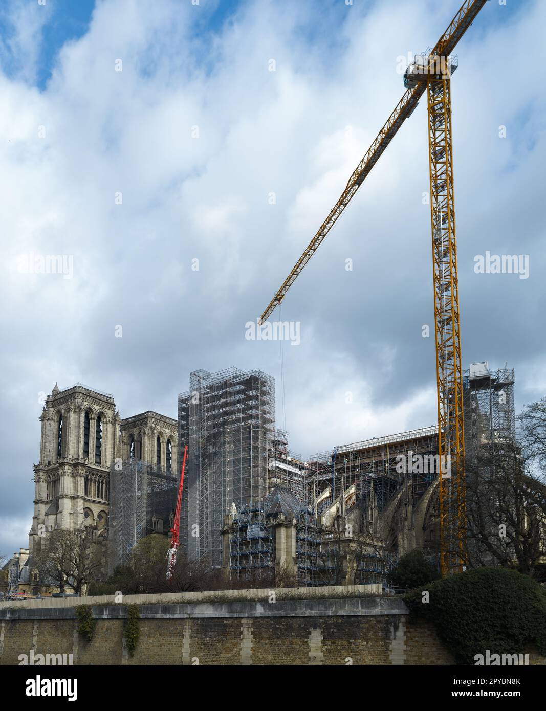 Notre-Dame construction site in Paris, France. High resolution, vertical panorama. March 24 ...