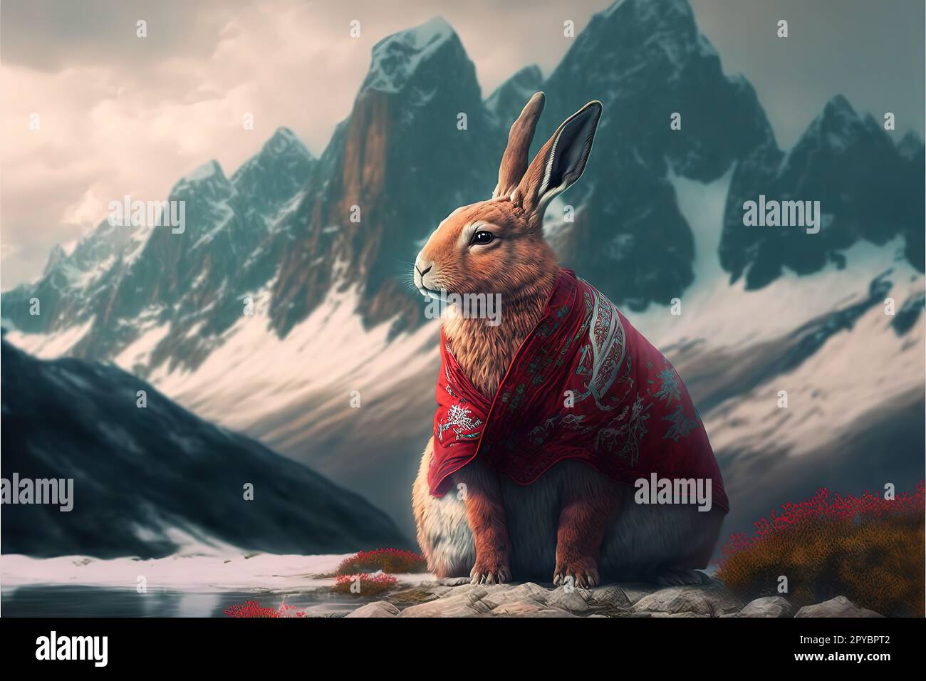 Rabbit in red traditional chinese cloth. snow mountain landscape ...