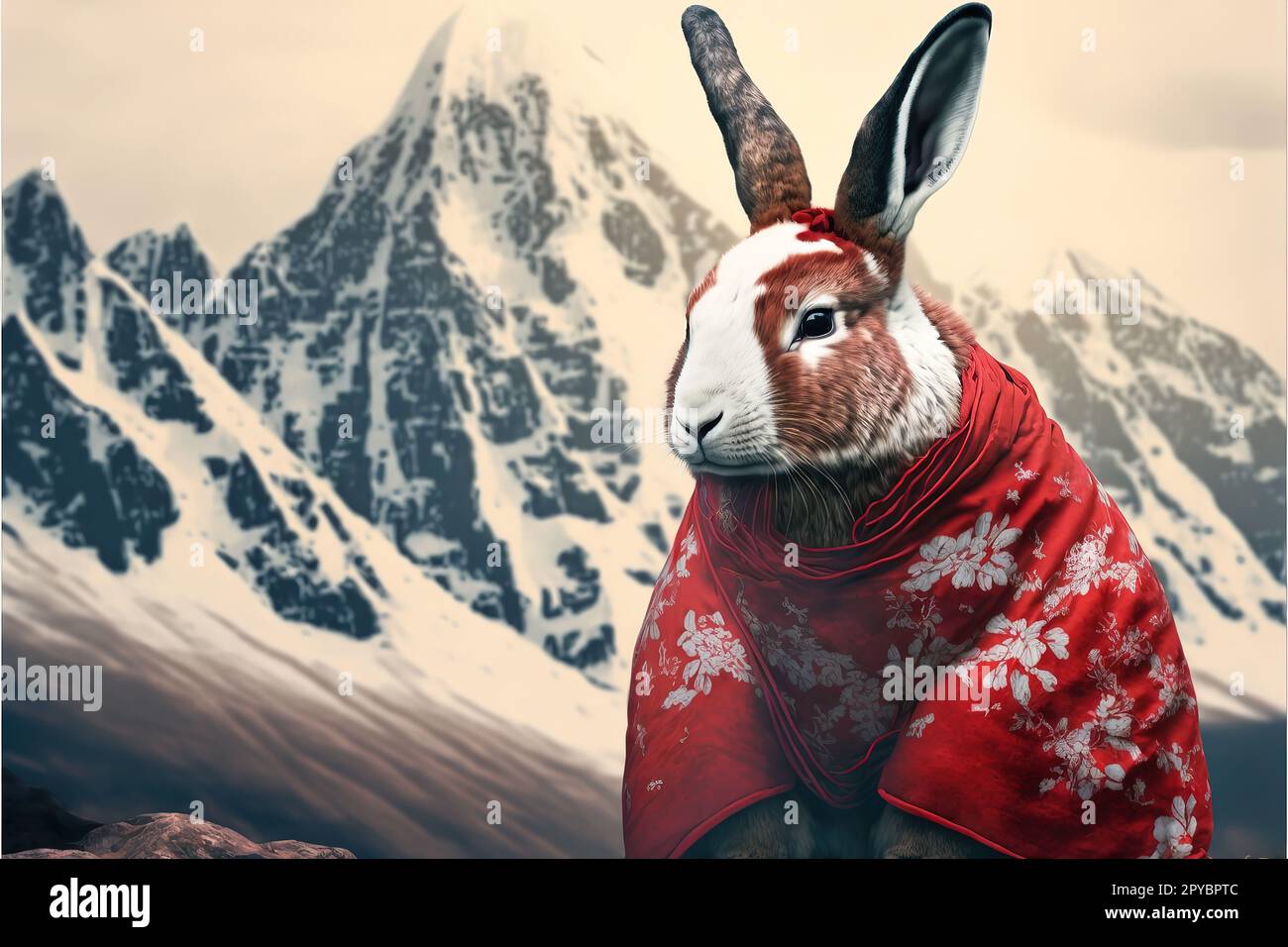 Rabbit in red traditional chinese cloth. snow mountain landscape ...