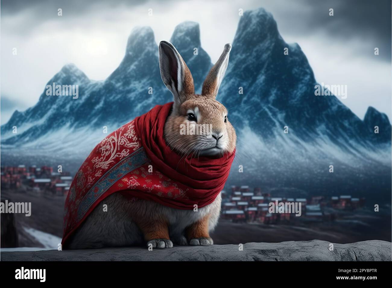 Rabbit in red traditional chinese cloth. snow mountain landscape ...
