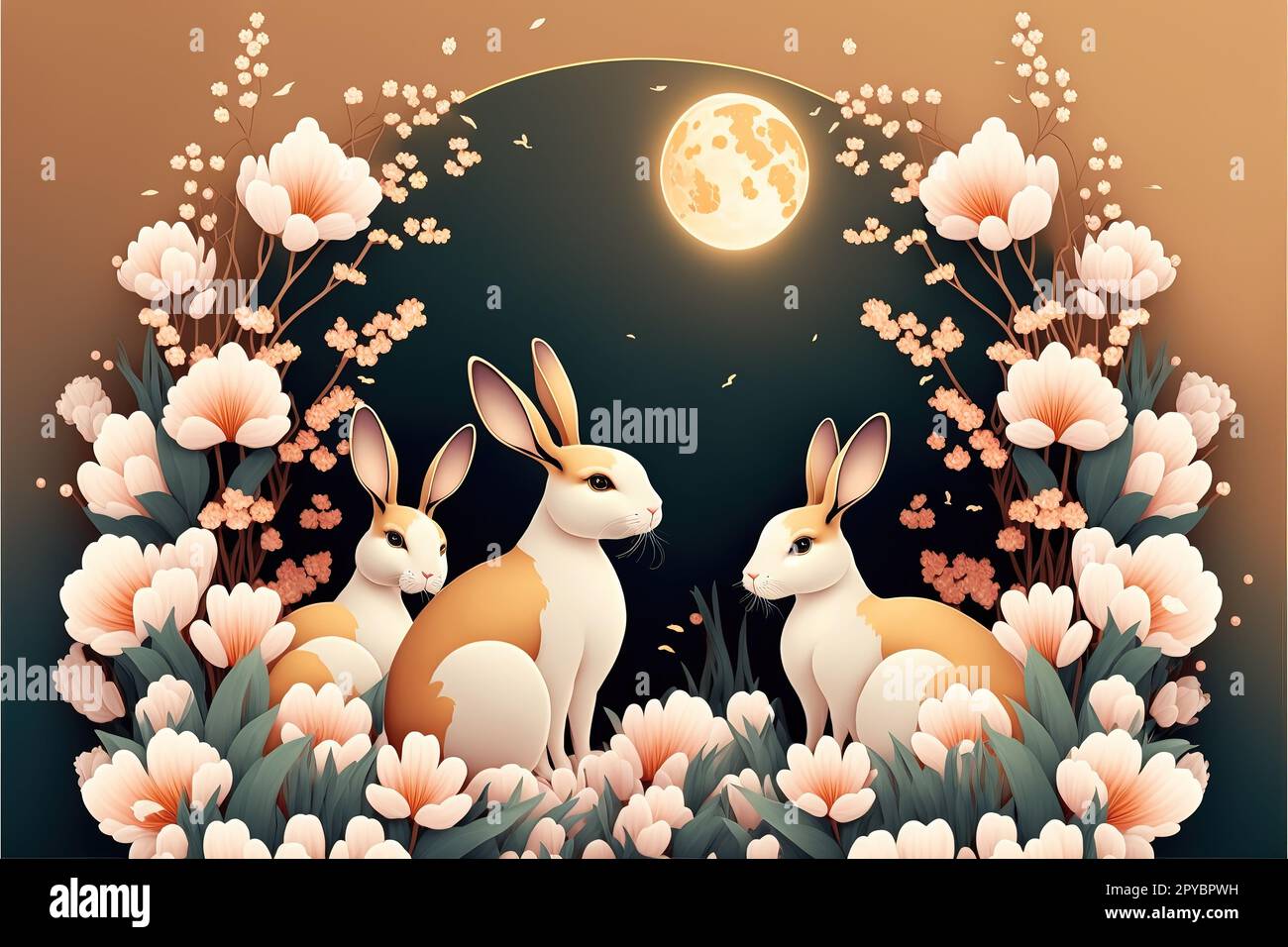 Rabbits character design with beautiful blossom flowers for Mid Autumn ...
