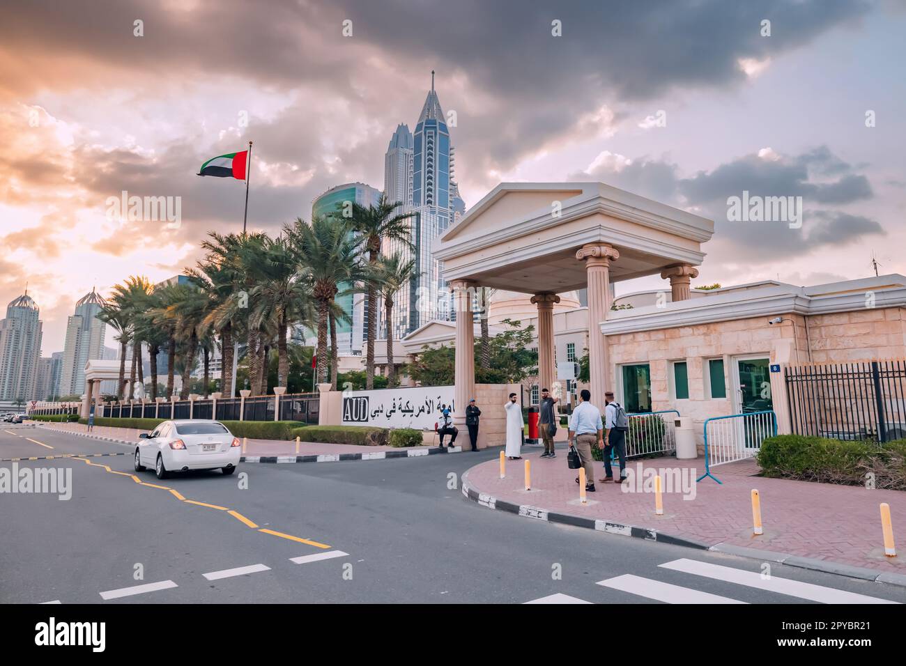 19 January 2023, Dubai, UAE: American university main entrance in Dubai ...