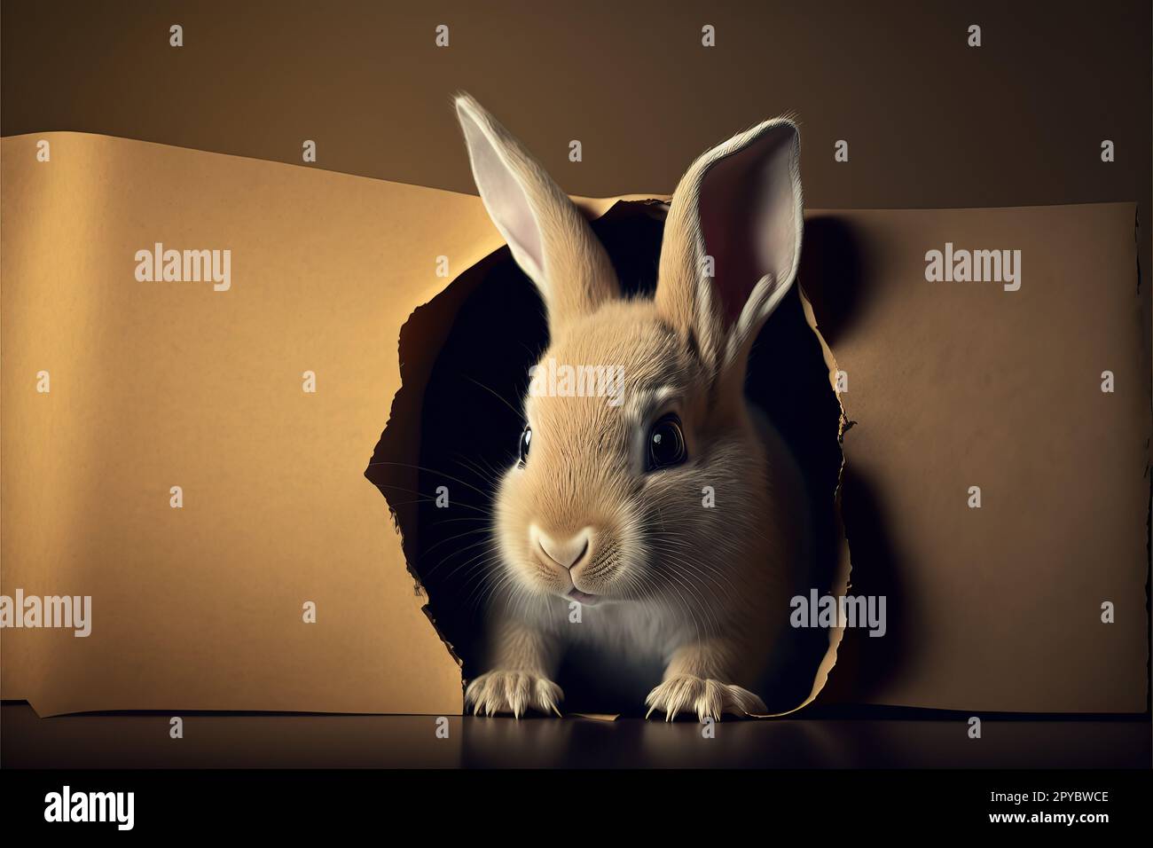 little rabbit looks through a hole in paper Stock Photo - Alamy