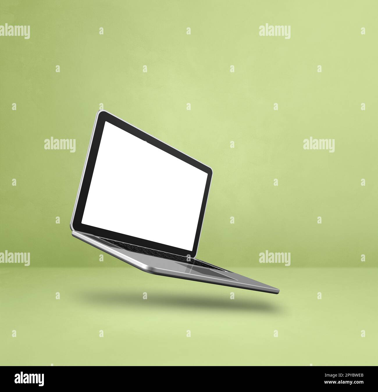 Floating computer laptop isolated on green. Square background Stock ...