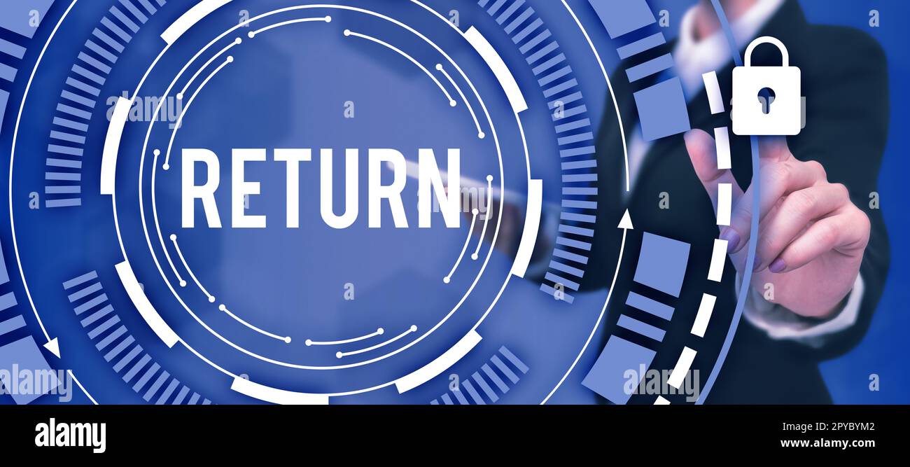 Sign displaying Return, Word Written on come or go back to a place or ...