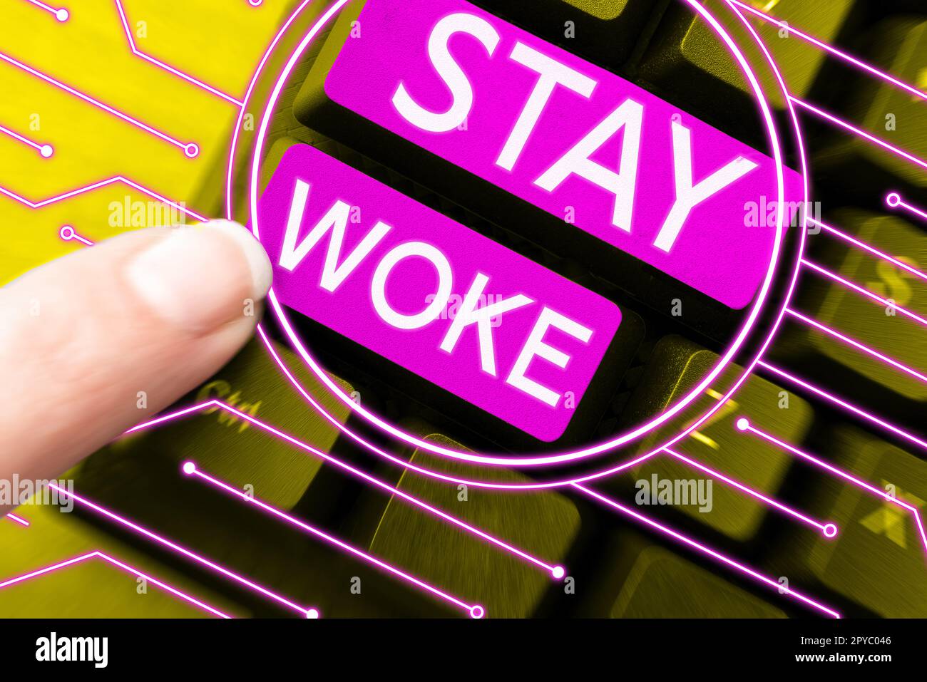 Hand writing sign Stay Woke. Business approach being aware of your ...