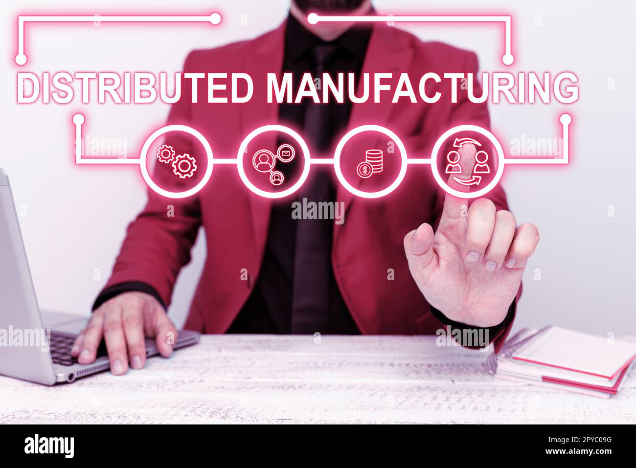 Hand writing sign Distributed Manufacturing. Business idea practiced by ...
