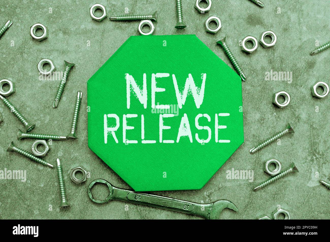 Conceptual caption New Release. Business showcase announcing something ...