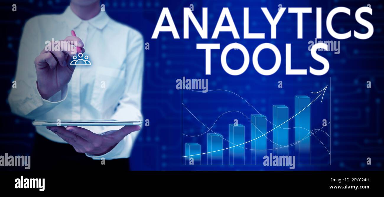 Text caption presenting Analytics Tools. Business approach pieces of web application analysis ...
