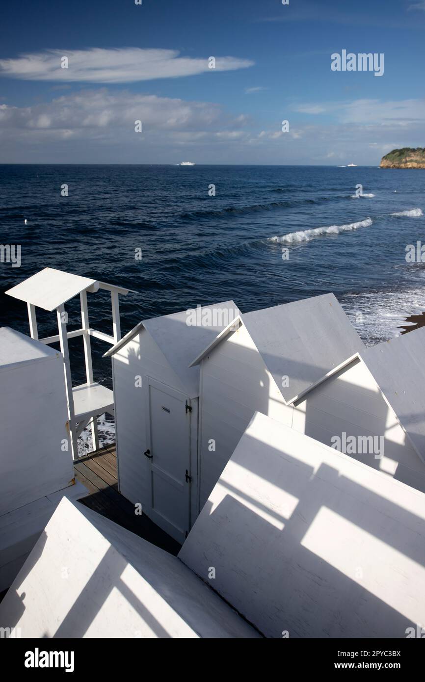 White empty beach huts on Procida island, Italy Stock Photo - Alamy