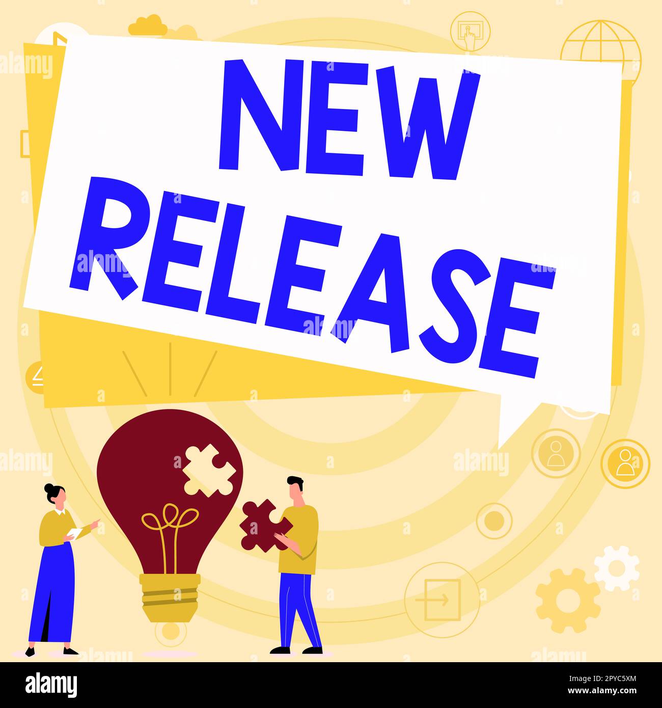 Conceptual caption New Release. Business idea announcing something ...