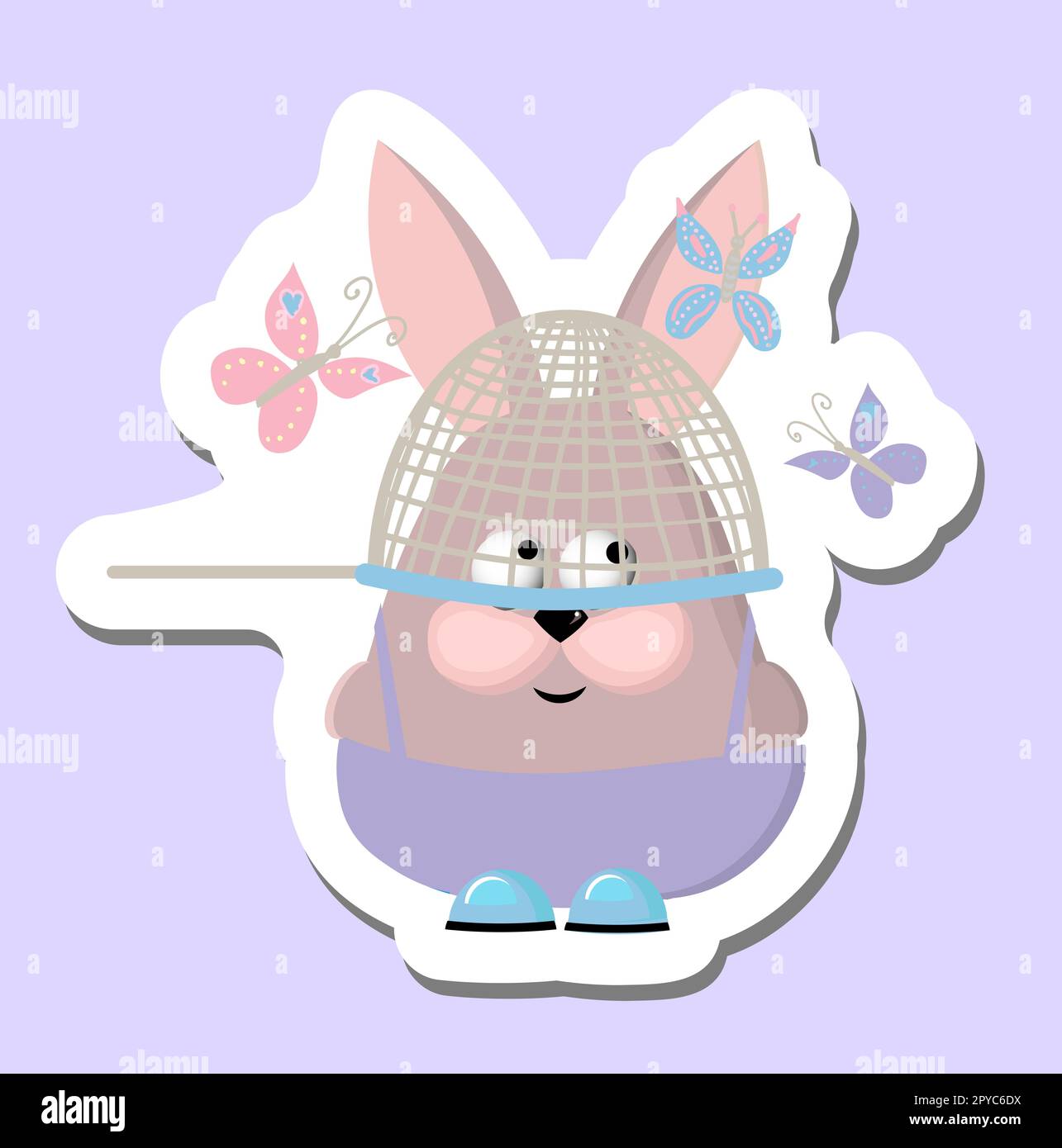 Rabbit with butterflies. Cute bunny sticker. Vector illustration of a ...