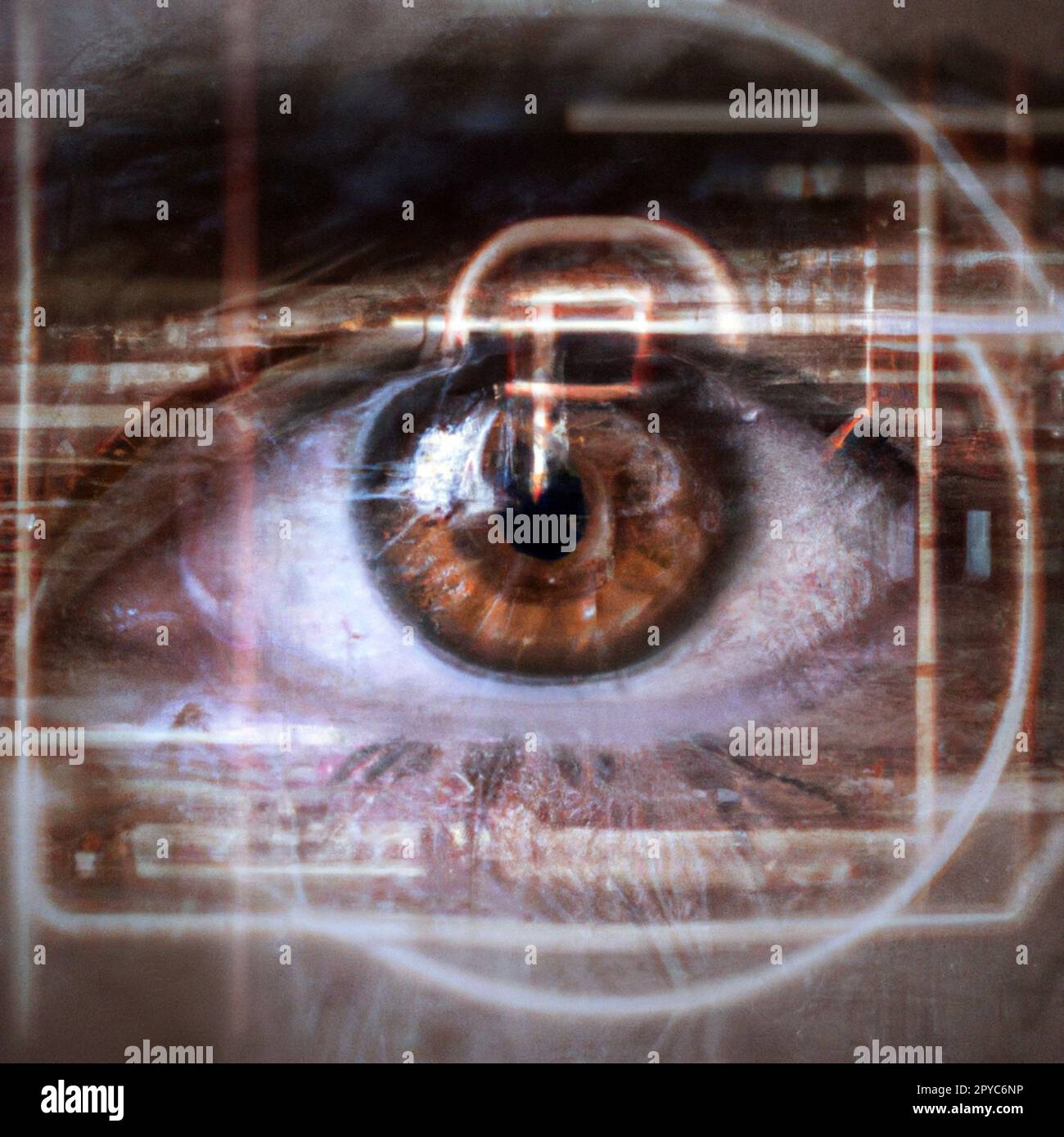 Close up of man eye in process of scanning. Double exposure or hologram ...