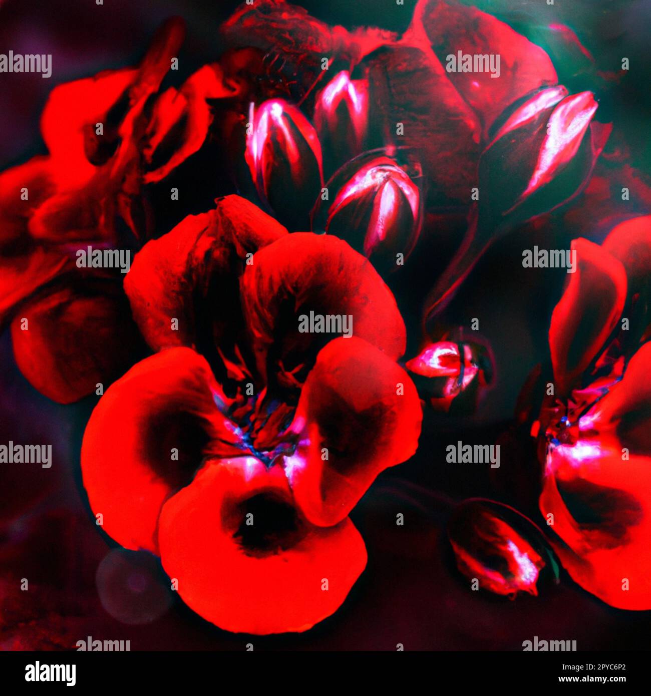 Geranium pelargonium red, bright flowers on a black background ...