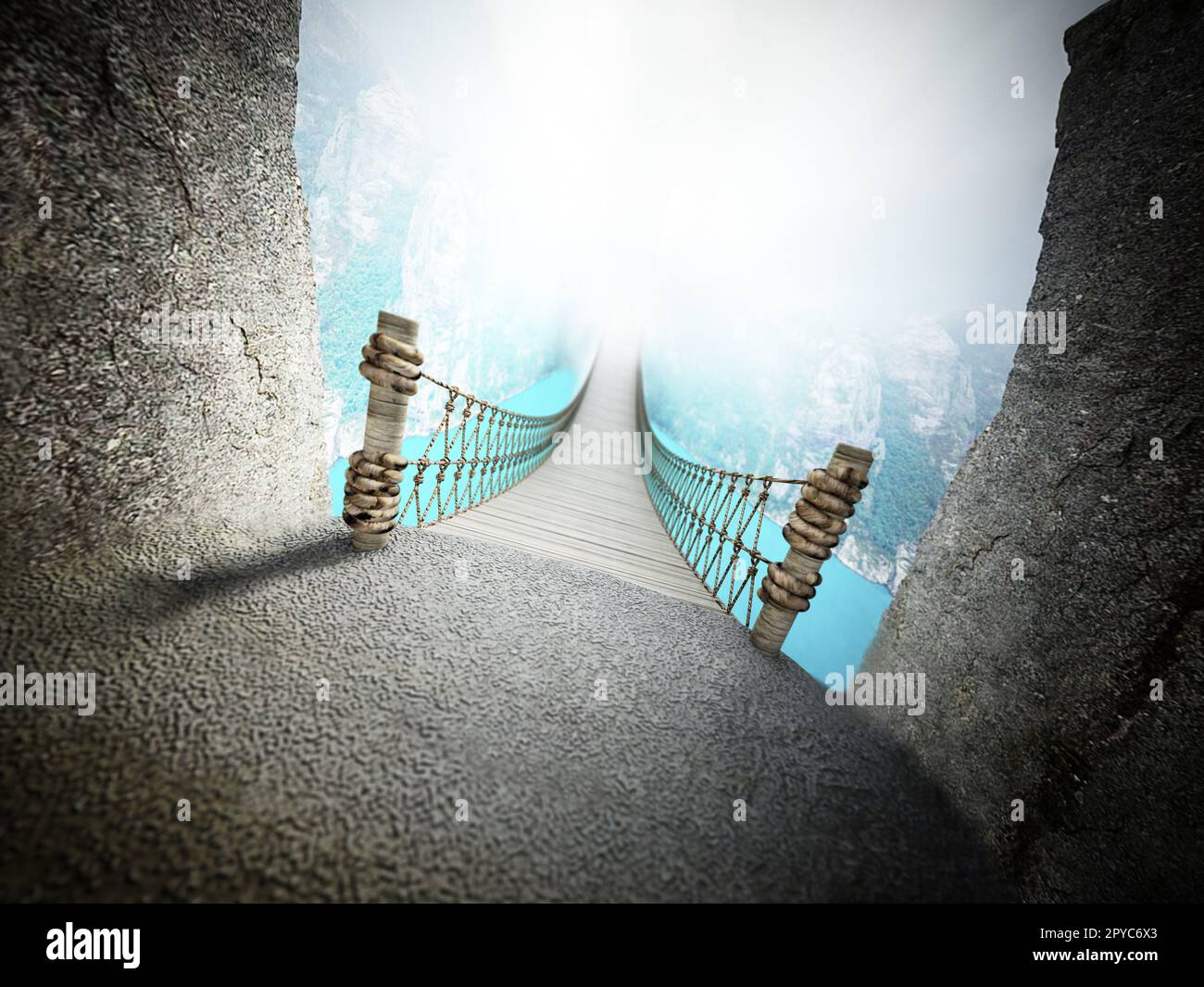 Dangerous rope bridge connecting two opposite sides. 3D illustration ...