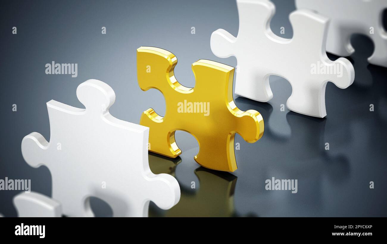Yellow puzzle piece stands out among white puzzle parts. 3D ...
