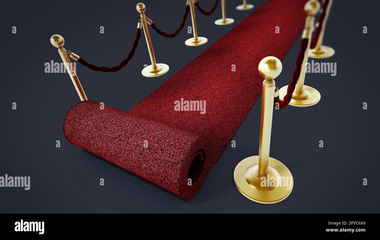 Rolled red carpet and velvet ropes isolated on white background. 3D ...