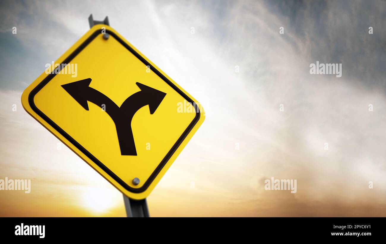 Road split sign on setting sun background. Decisions concept. 3D ...