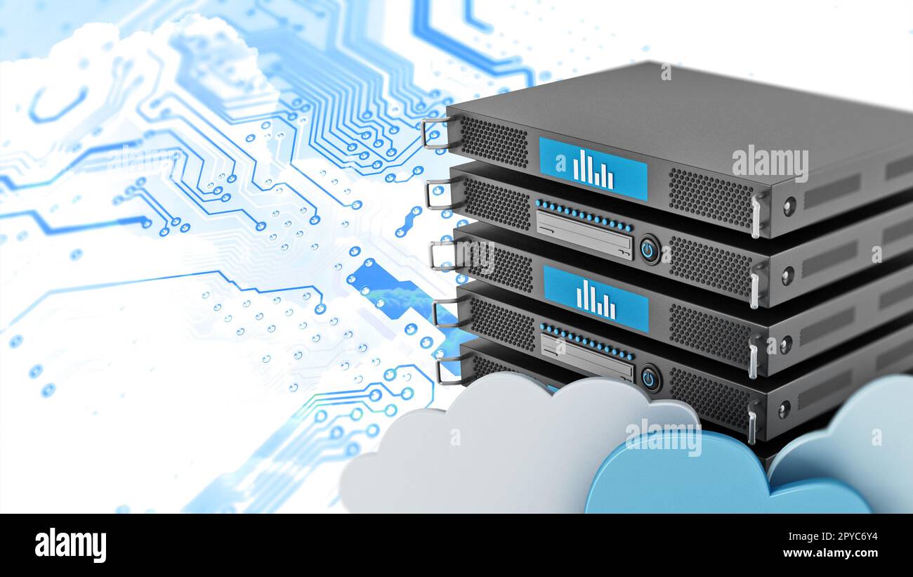 Cloud computing concept with server rack and cloud shapes. 3D ...