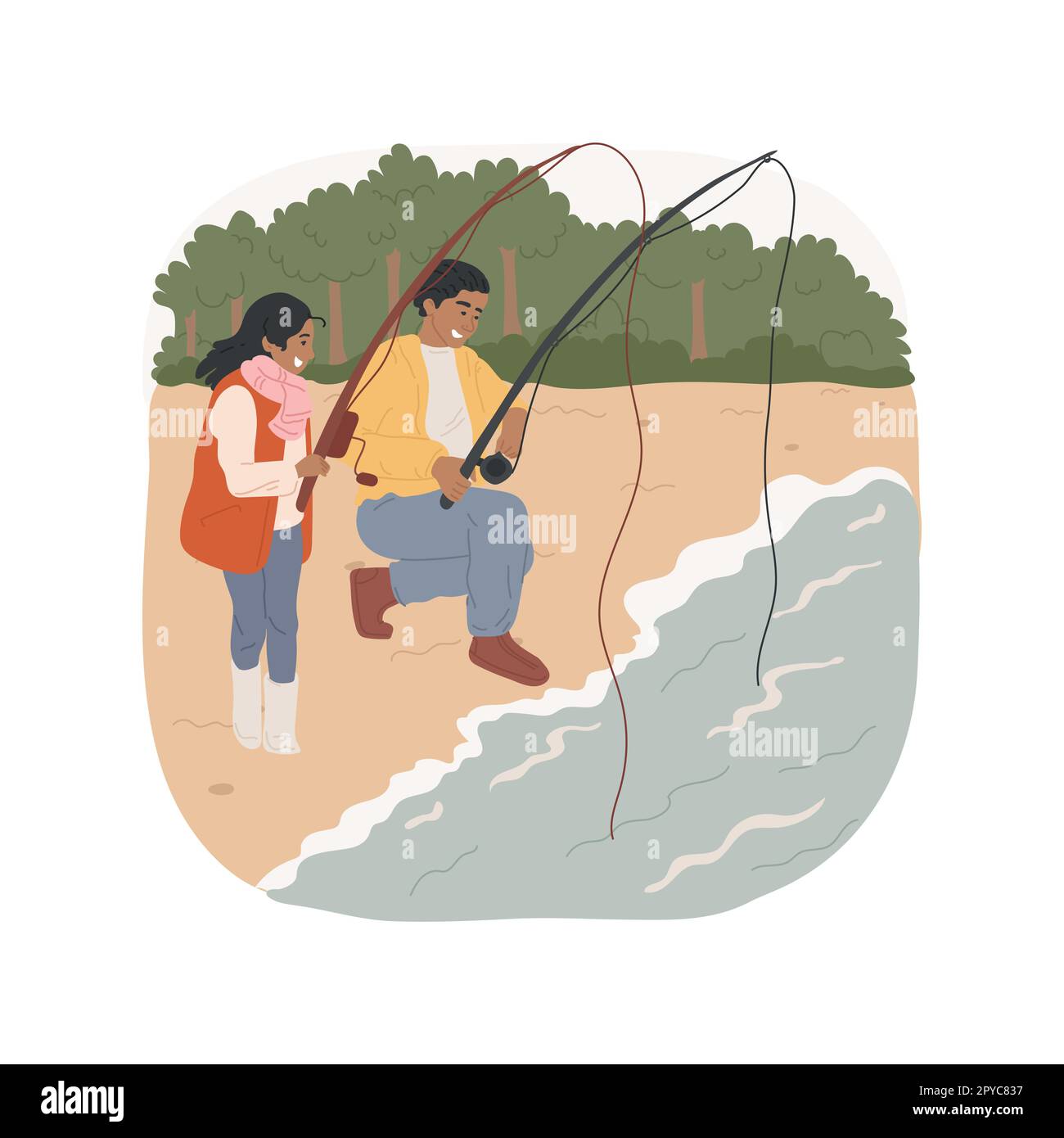 Fishing together isolated cartoon vector illustration. Dad and daughter fishing near lake ...