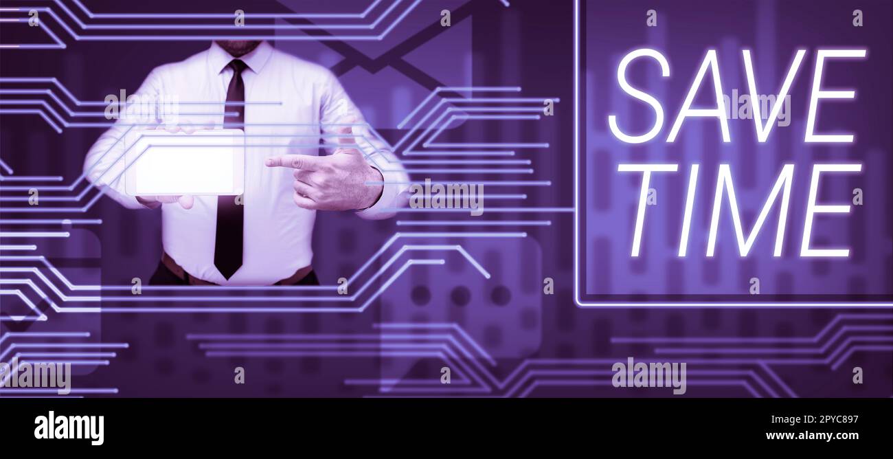 Hand writing sign Save Time. Concept meaning to do something more efficiently such that less ...