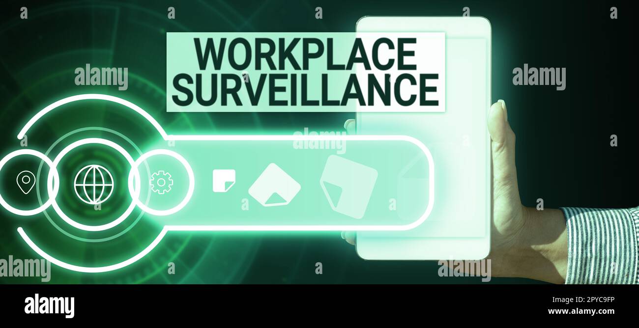Conceptual caption Workplace Surveillance. Business showcase protection ...