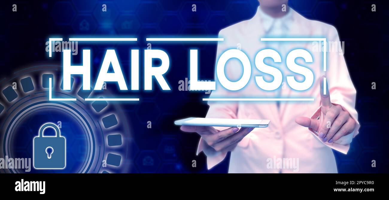 Hand writing sign Hair Loss. Business showcase Loss of human hair from ...