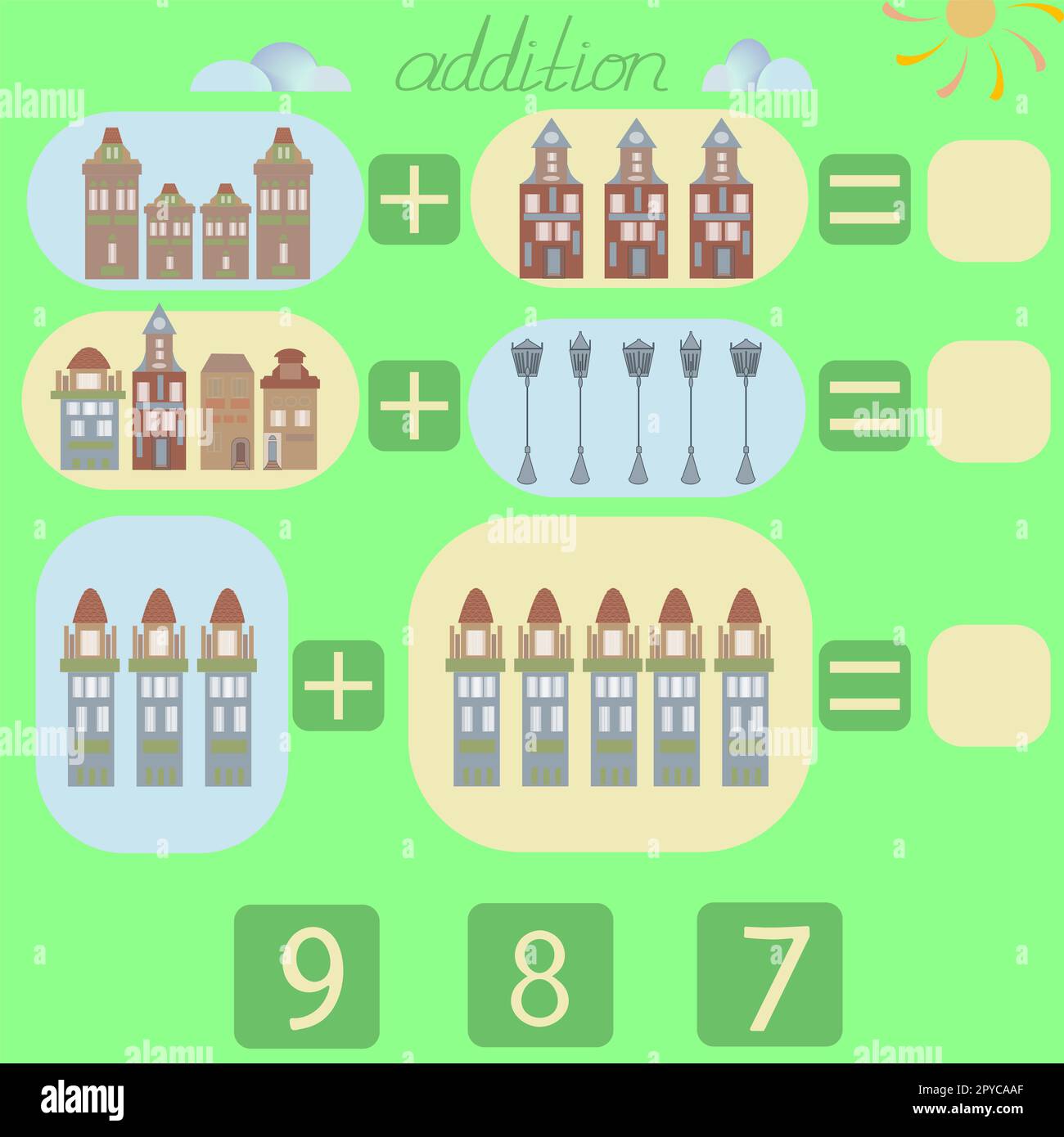 count the houses and lanterns in the picture and put the correct number ...
