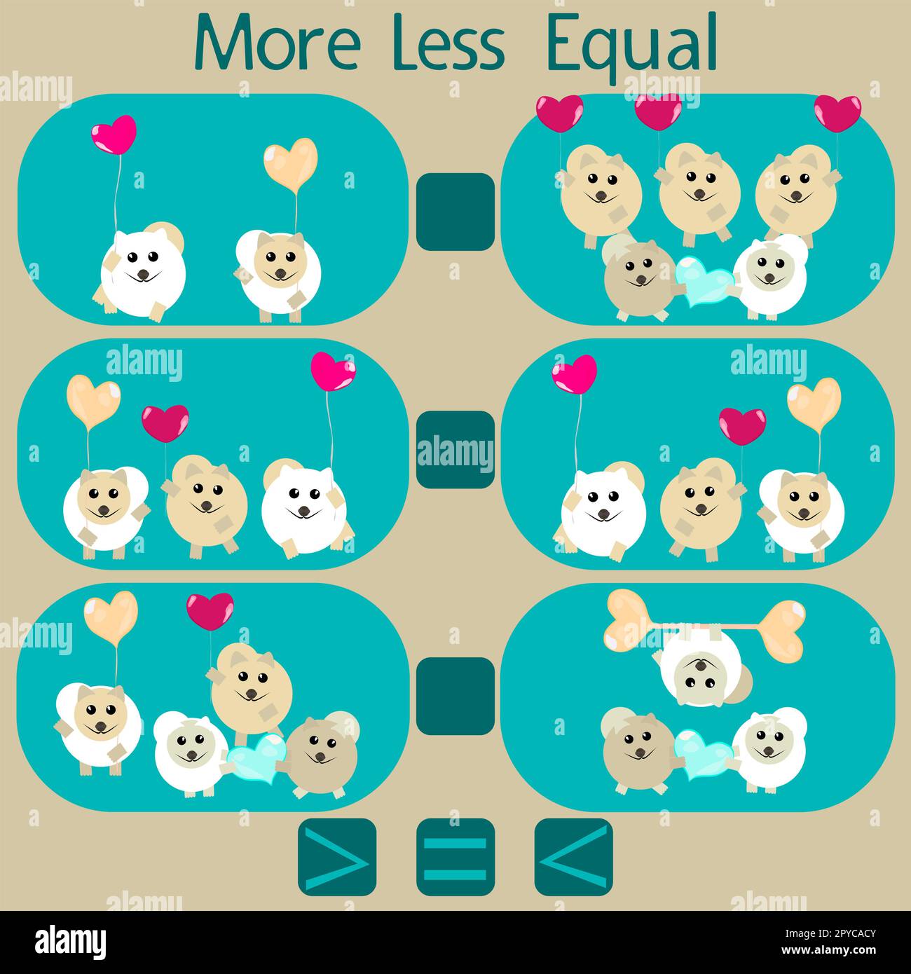 count the funny dogs in the picture and put a sign greater than, less ...