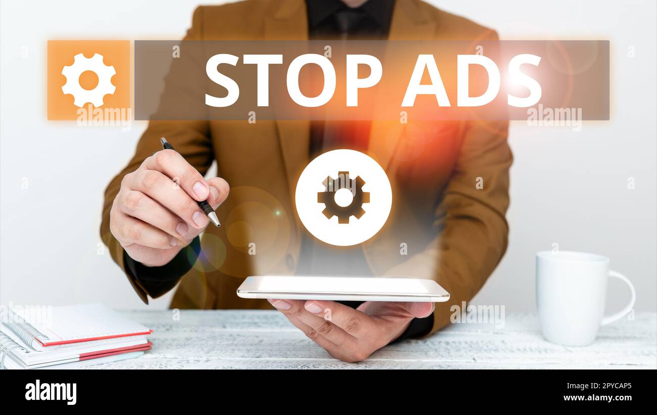 Conceptual display Stop Ads. Word Written on program that will remove ...