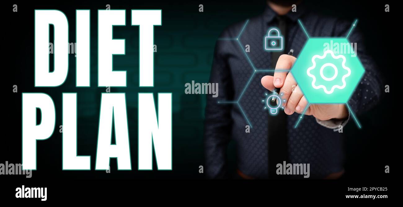 Sign displaying Diet Plan. Word Written on Use of specific intake of ...