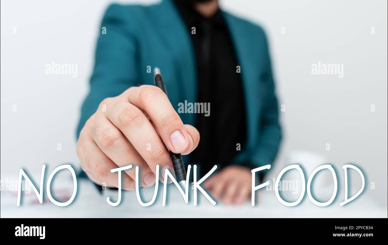 Hand writing sign No Junk Food. Business concept Stop eating unhealthy ...