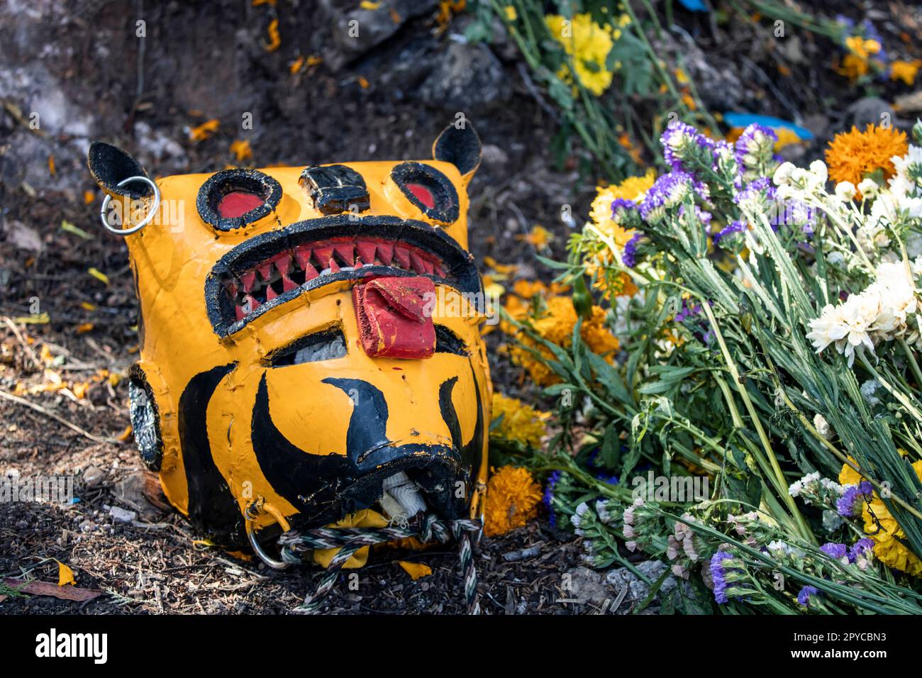 Tecuan mask that is being blessed on an altar. Inhabitants of the Nahua ...
