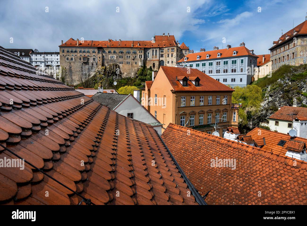 Panorama of red roof and castle area in Cesky Krumlov, Czech republic ...