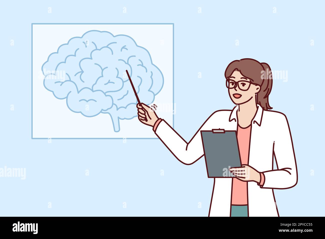 Woman doctor teaches neurology pointing at brain drawing hanging on ...