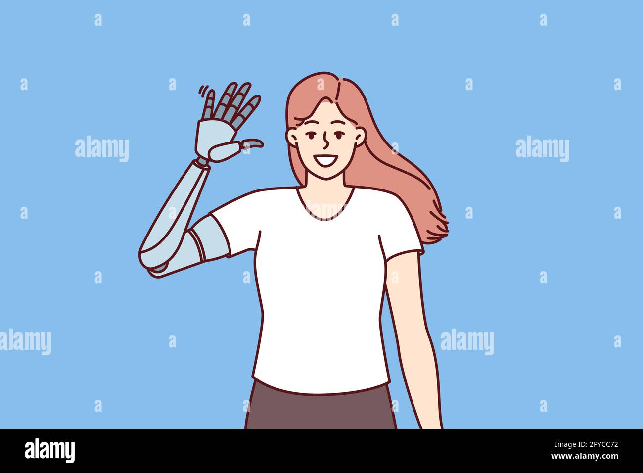 Happy girl waves prosthesis hand to demonstrate new mechanical robotic ...