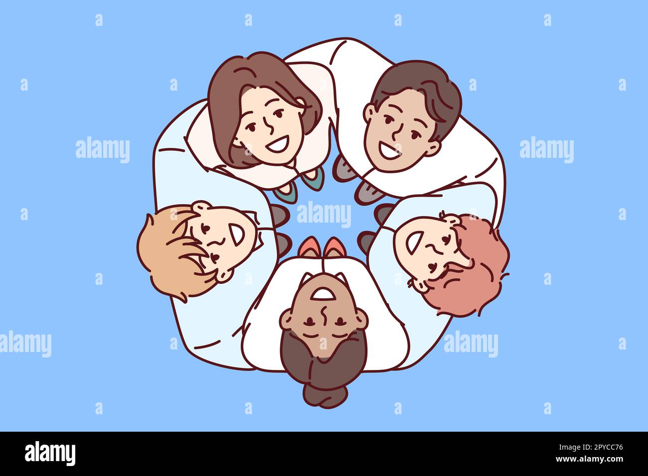 Team of young diverse businesspeople stand in circle and hugging ...