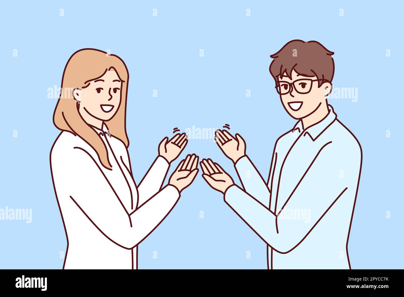 Couple of man and woman in business clothes make inviting gesture with ...