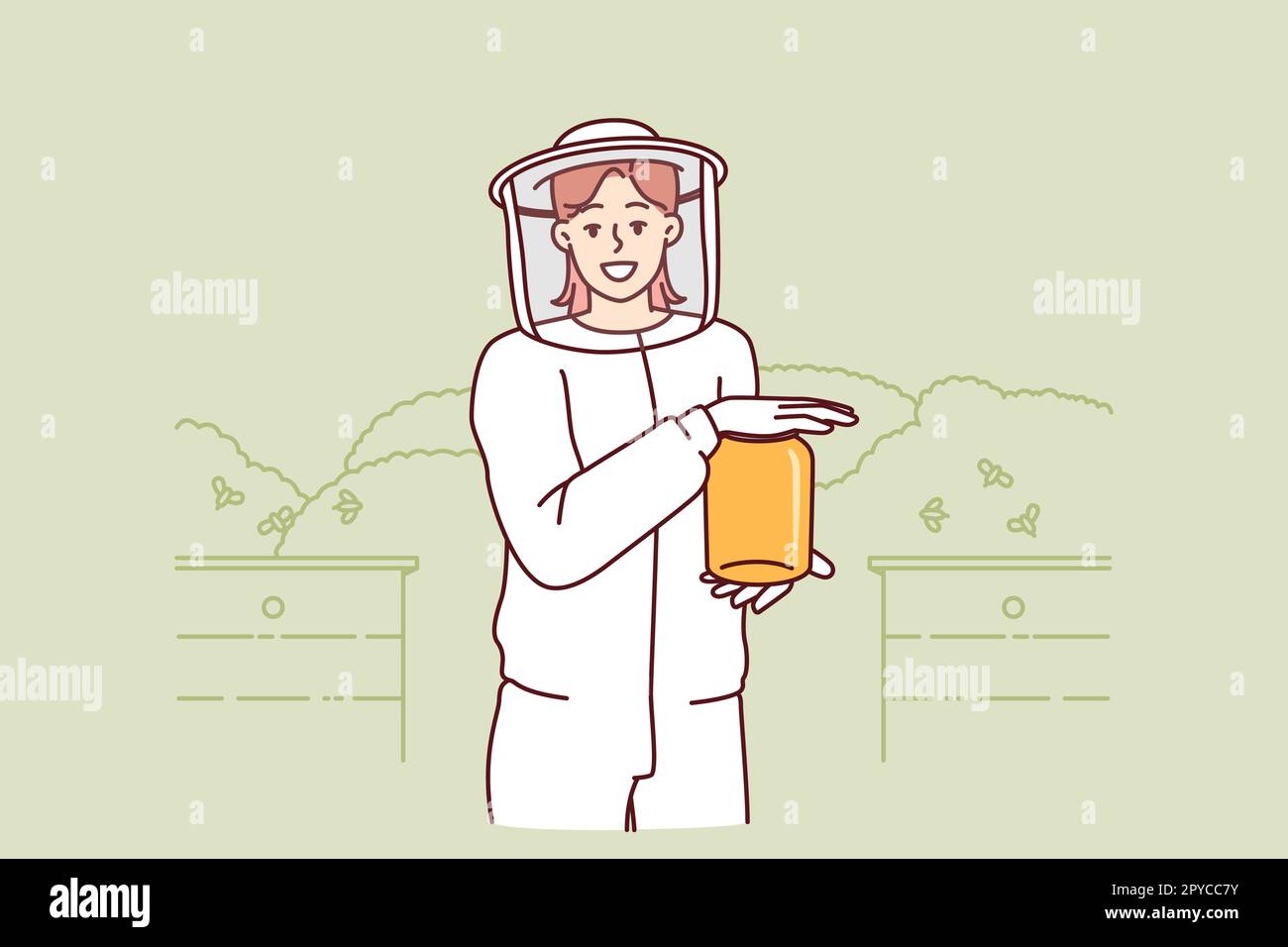 Young woman beekeeper in protective uniform holding jar of honey ...