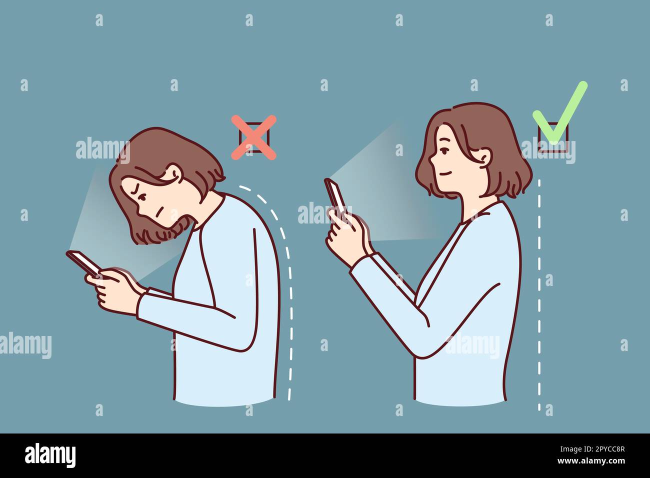 Girl With Mobile Phone Demonstrates Correct And Incorrect Posture While Using Applications