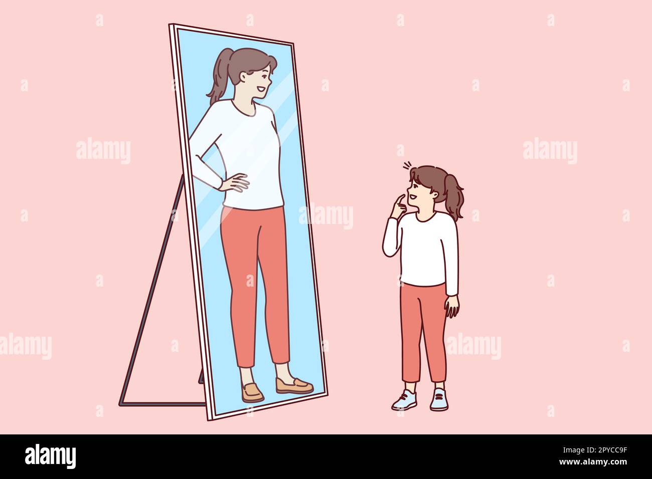 Little girl stands and looks in mirror, saw reflection of adult woman ...