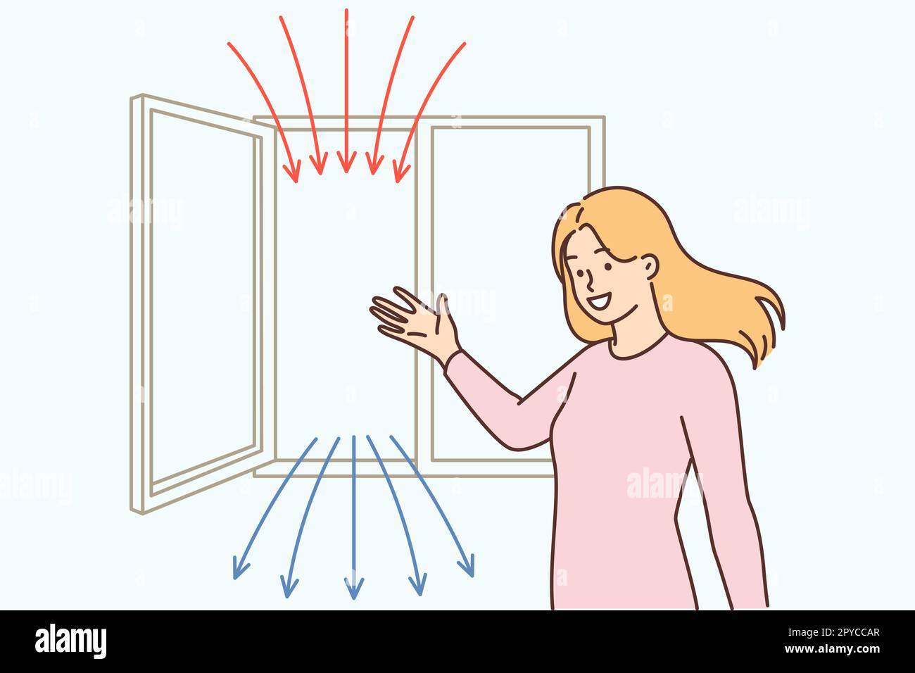 Woman points to open window recommending regular airing of apartment ...