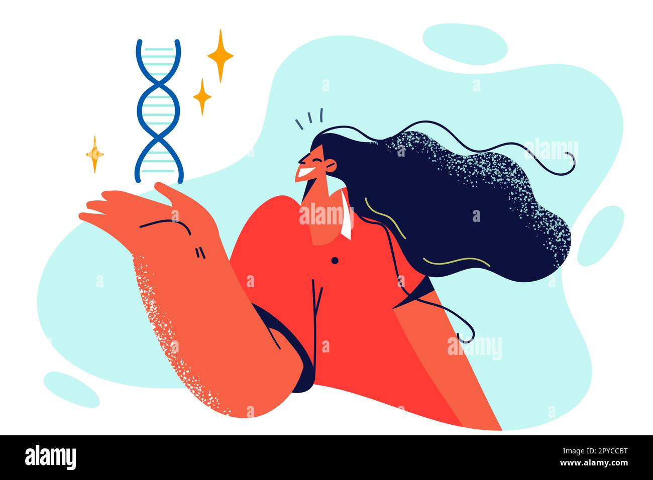 Female employee of genetic laboratory holds DNA spiral inviting to take ...