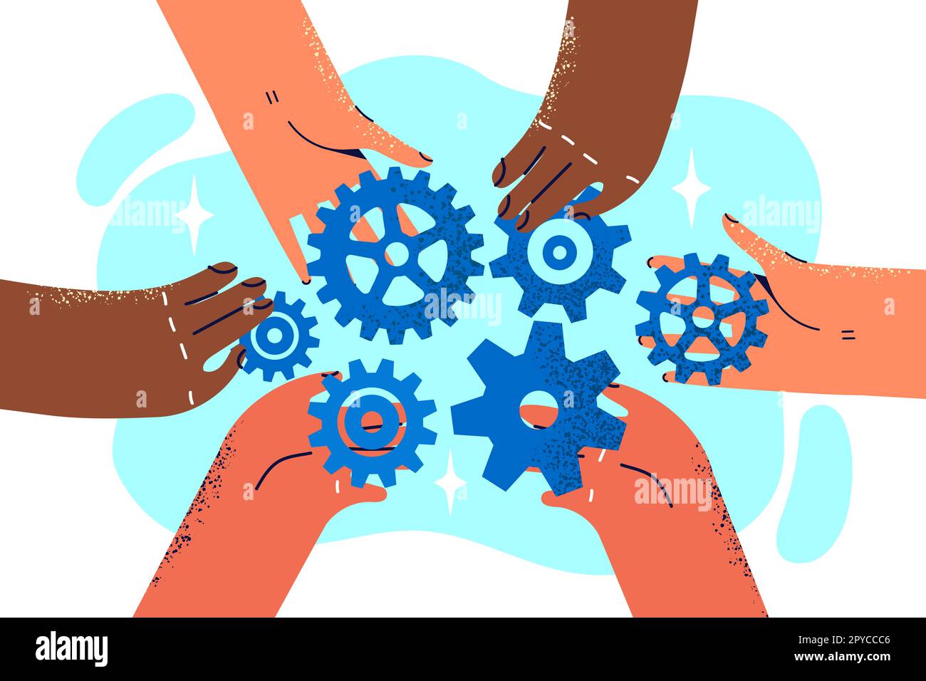 Close-up of hands of company employees with variety of gears for ...