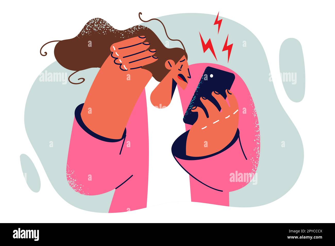 Woman stressed looking at mobile phone screen after seeing aggressive ...