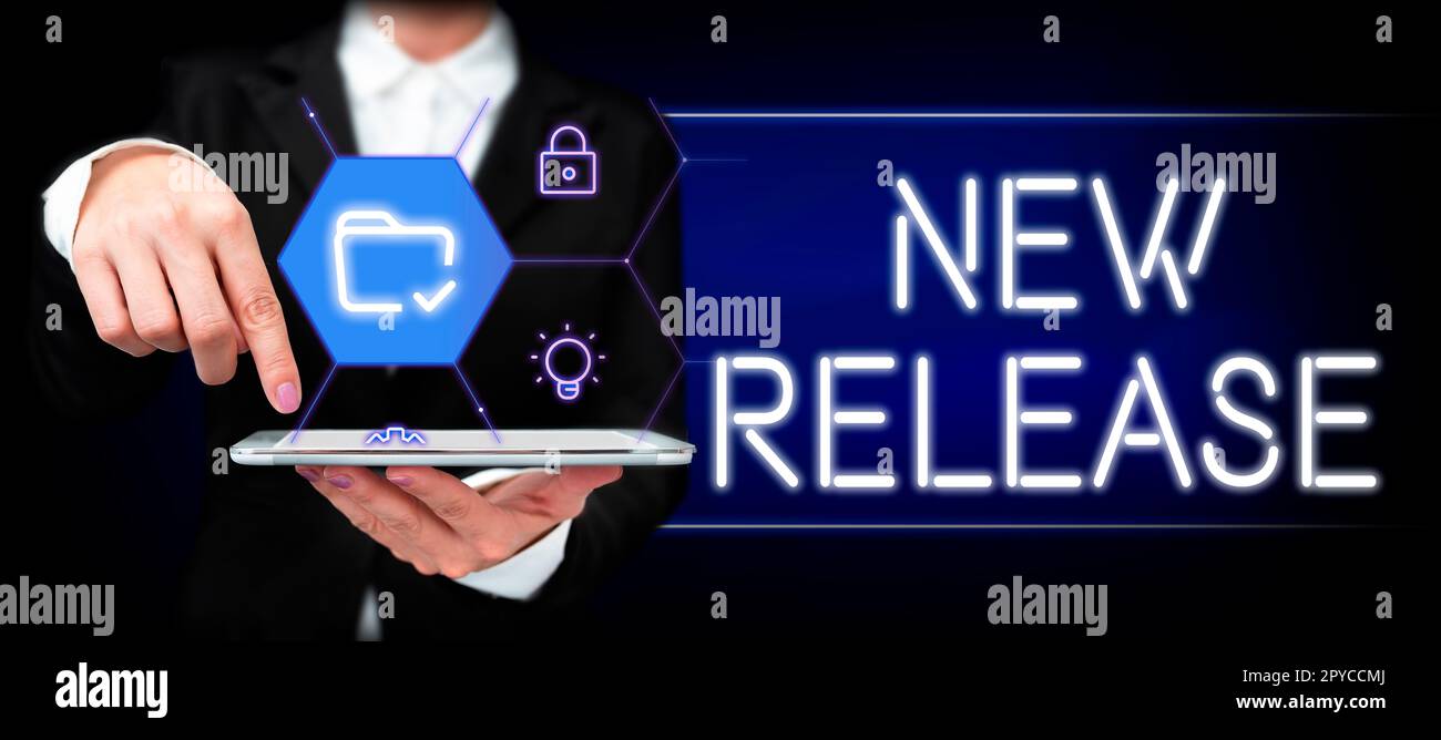 Text showing inspiration New Release. Business showcase announcing ...