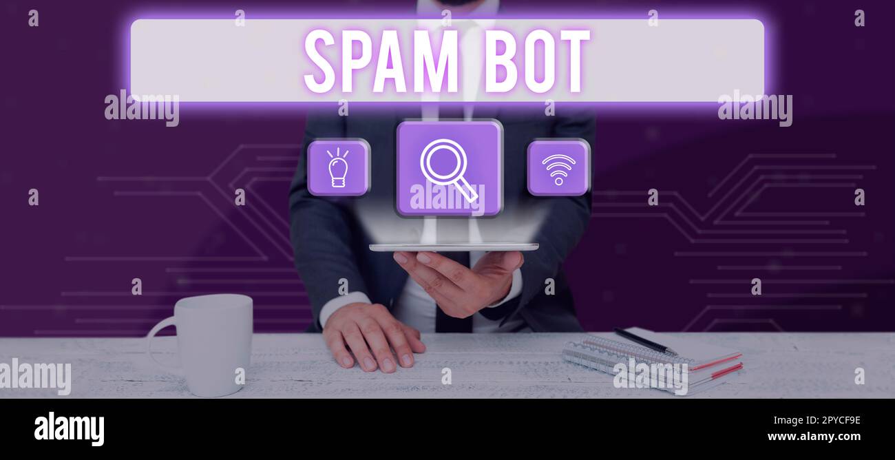 Text caption presenting Spam Bot. Business showcase autonomous program on the Internet that ...