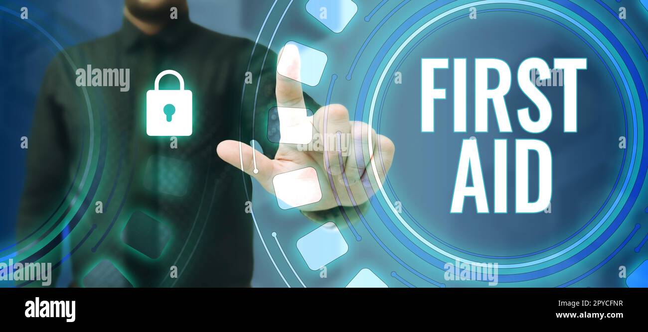 Text caption presenting First Aid. Business concept Practise of healing ...